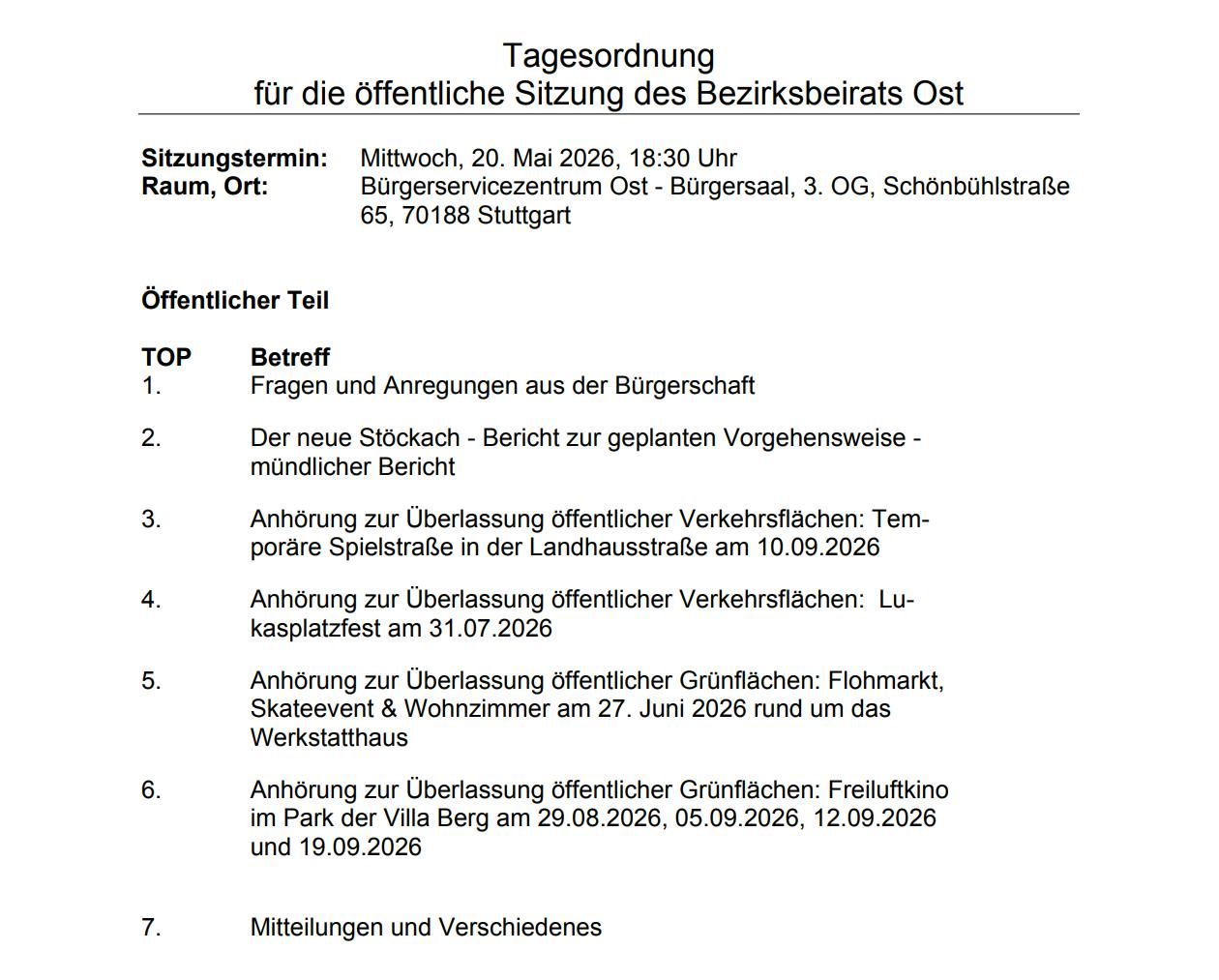 Bezirksbeirat Stuttgart-Ost am 20. Mai – Stöckach-Areal - Gaisburger Marsch